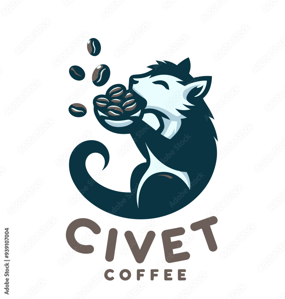 Elegant Kopi Luwak logos with civet cats and coffee beans, capturing ...