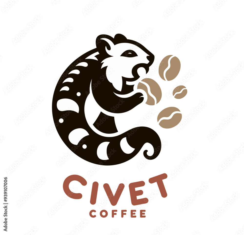 Elegant Kopi Luwak logos with civet cats and coffee beans, capturing ...