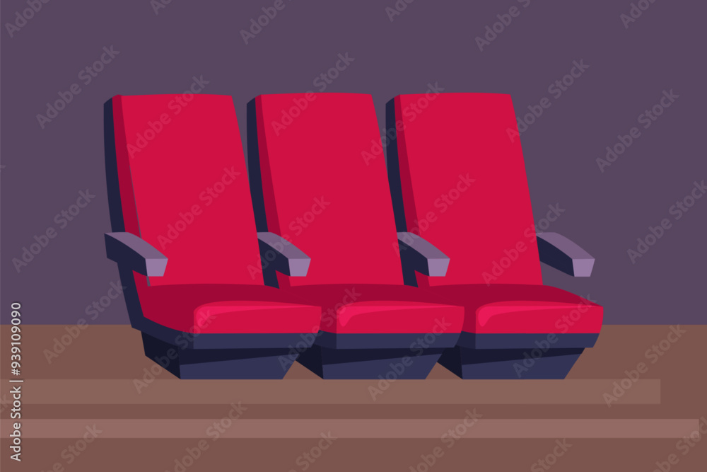 Cinema theater hall with row of red seats for audience on dark ...
