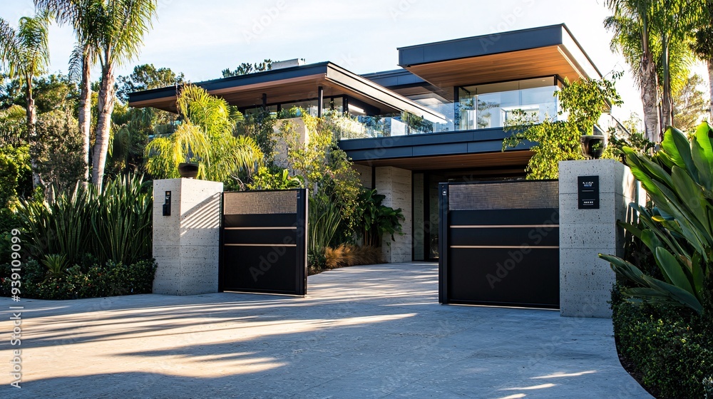 Cutting-edge smart home with automated gates and security cameras Stock ...