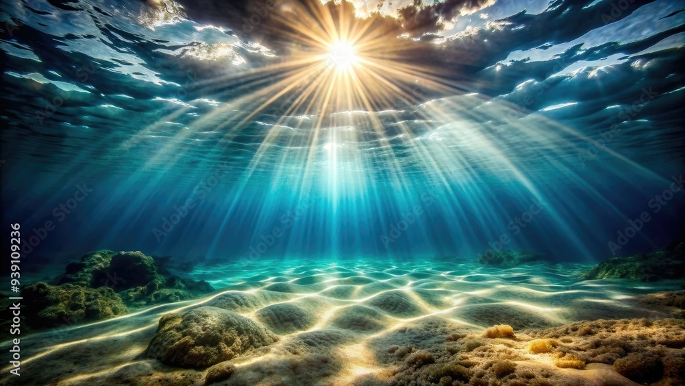 Dramatic underwater scene with sunlight rays piercing through the ...