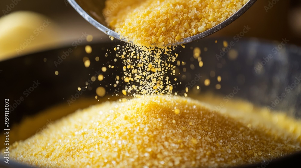 Detailed shot of cornmeal being poured into a mixing bowl, with the ...