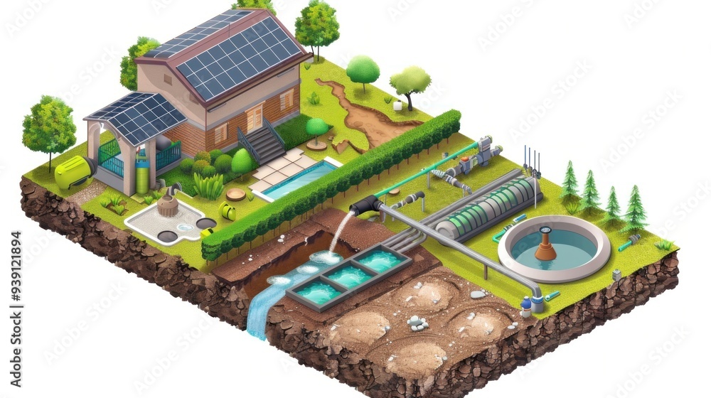 Rainwater harvesting system isometric diagram, illustration scheme with ... Rainwater harvesting system isometric diagram, illustration scheme with ...