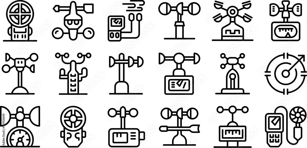 Anemometer icons set. Anemometer measuring wind speed and direction ...