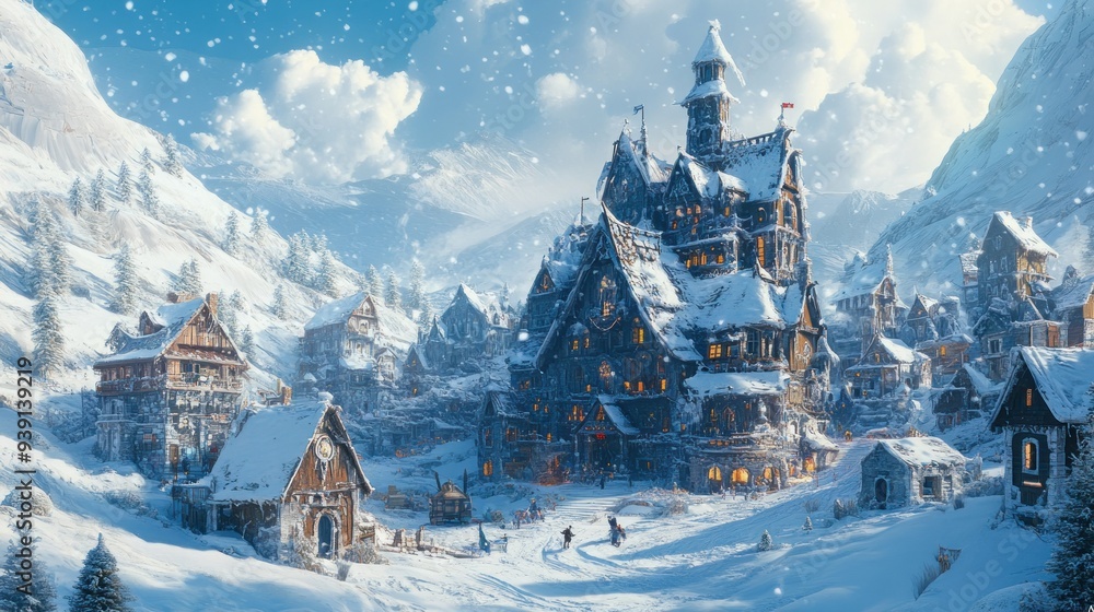 A Snow-Covered Medieval Village Nestled in the Mountains Stock ...