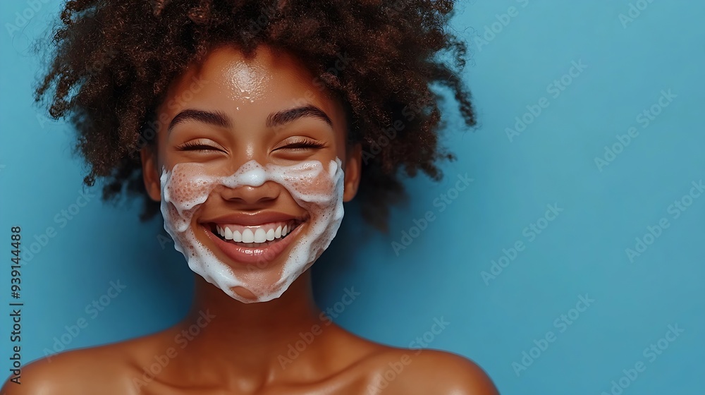 Cheerful black female model applies foaming cleanser has clean fresh ...