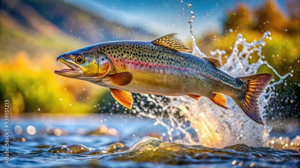 Leap of aquatic joy: a vibrant trout springs from the water's surface ...