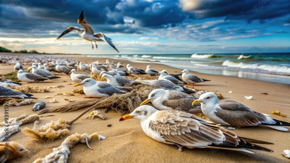Lifeless seagulls and shorebirds litter the sandy beach, their feathers ...