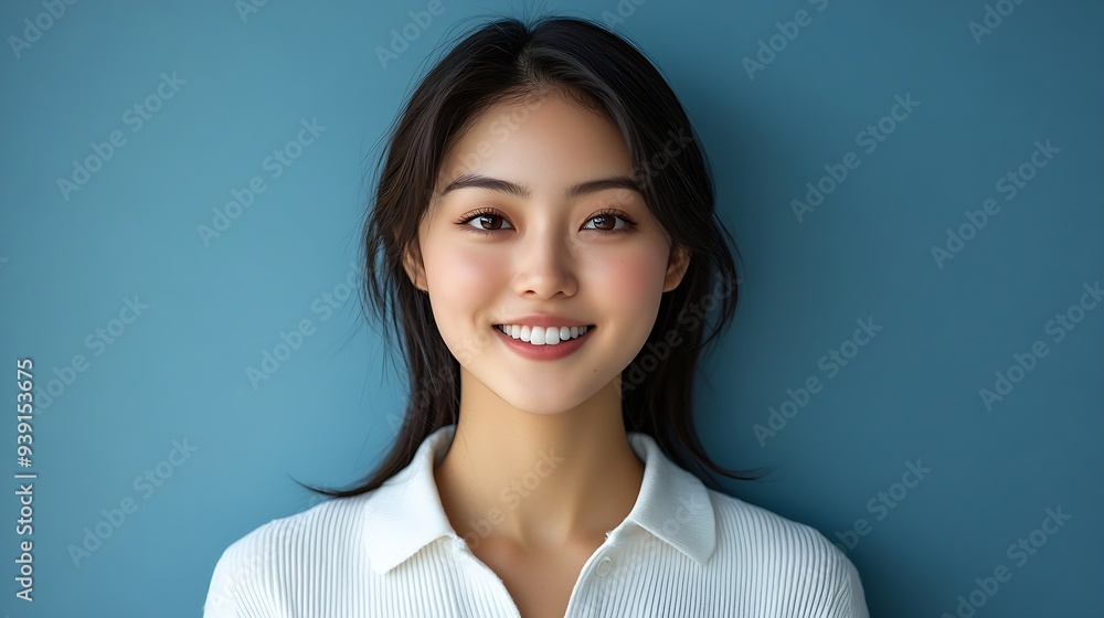 Horizontal shot of pretty Asian woman with dark hair smiles pleasantly ...