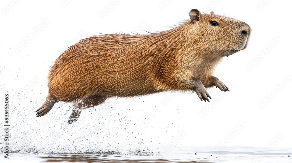 Happy capybara captured mid-air as it jumps out of the water, set ...