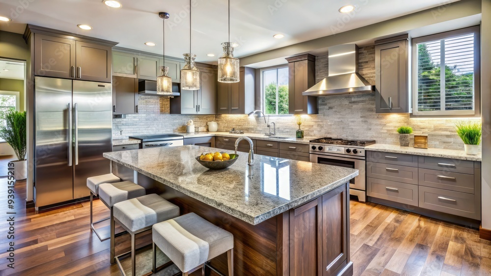 Magnificent modern kitchen features newly installed granite countertops ...
