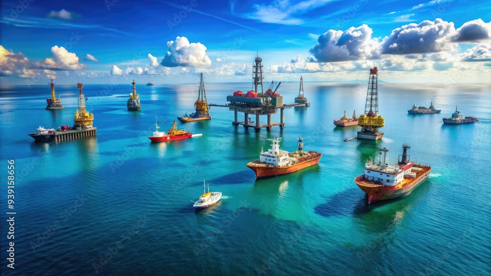 Majestic offshore oil rigs stand tall amidst calm turquoise waters ...