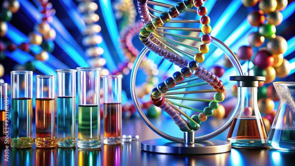 Microscopic view of a double helix DNA molecule with colored nucleotide ...
