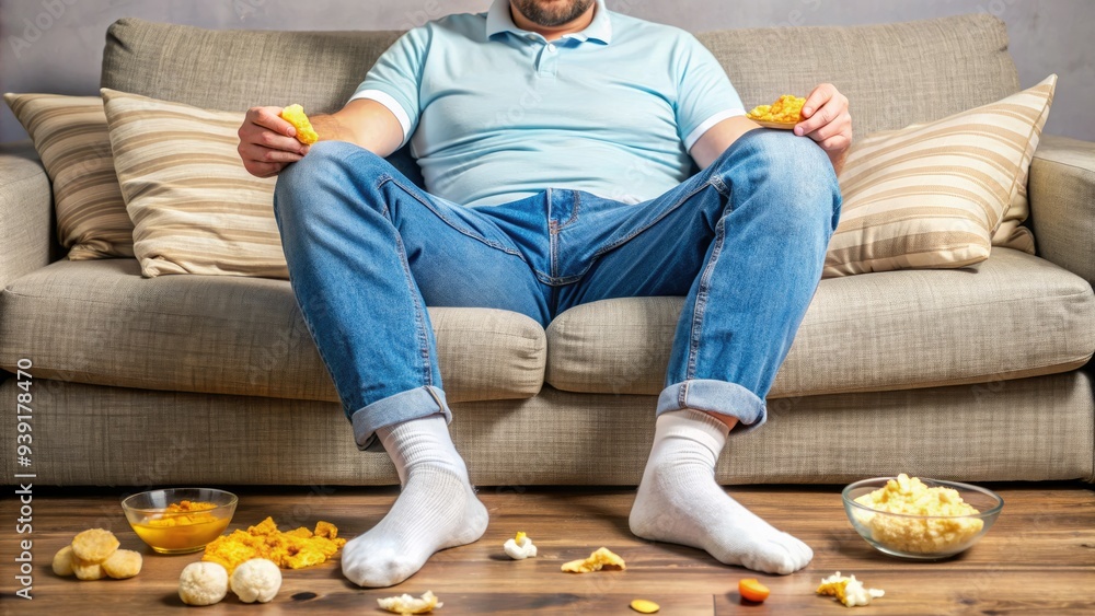 Relaxed male sits on couch, feet splayed apart, wearing worn, faded ...