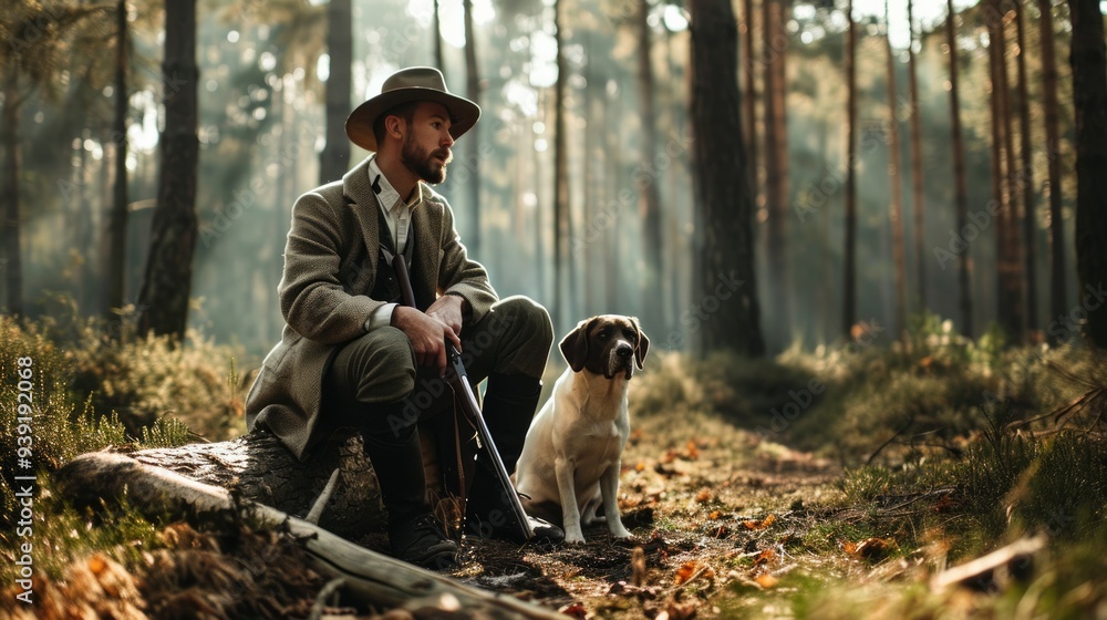 Hunter man with dog in traditional shooting clothes on field holding ...