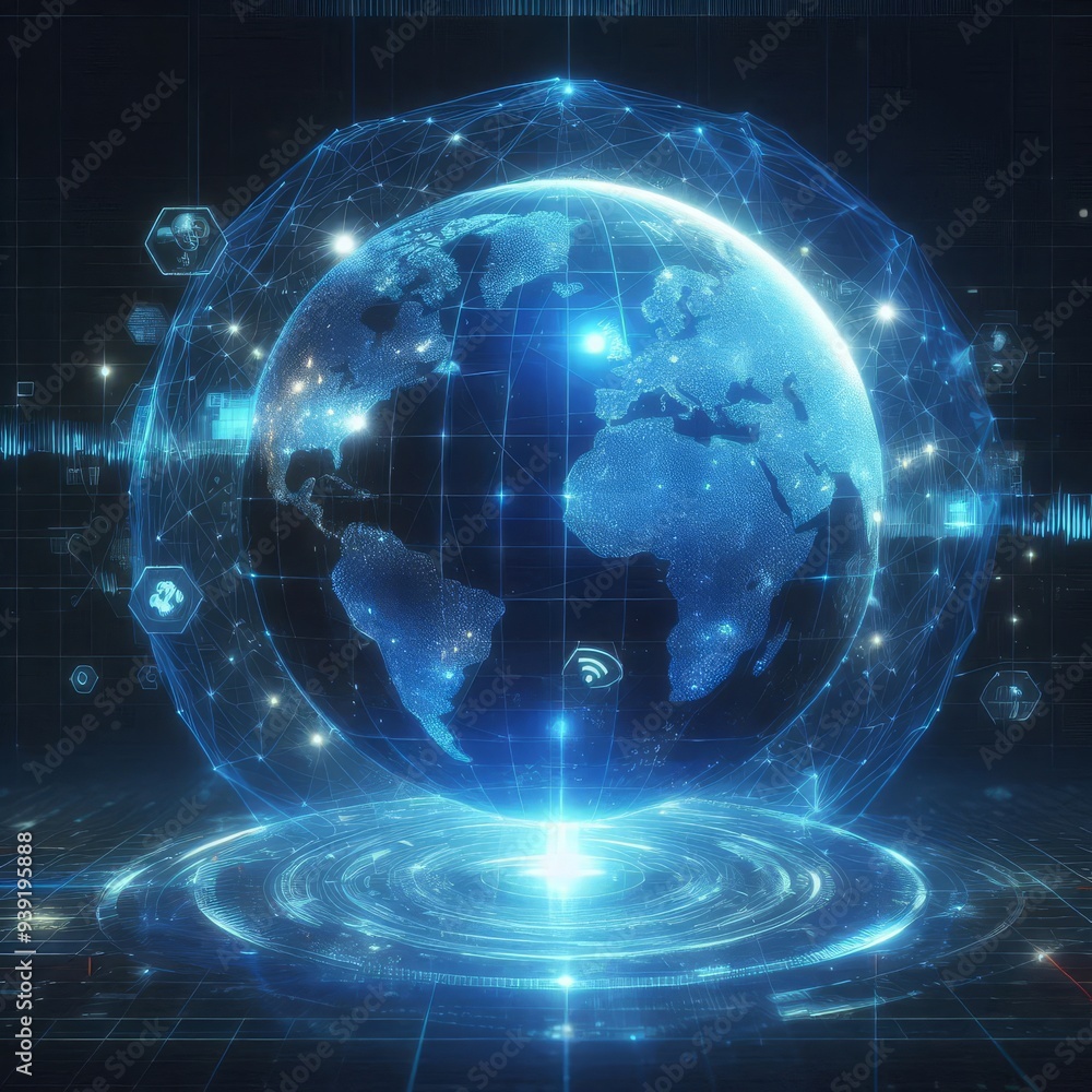 blue hologram globe with world map with glowing data streams, ai global ...