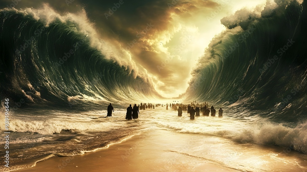 Religious portrayal of Moses leading the Israelites through the parted ...