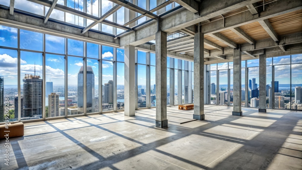 Sleek modern high-rise building under construction, exposed concrete ...