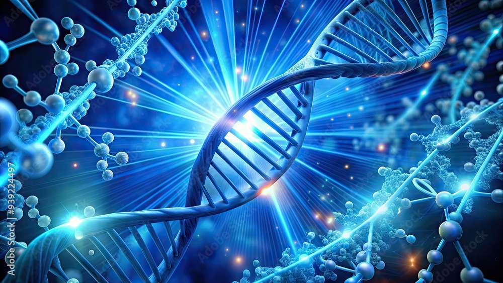 Vibrant blue double helix DNA molecule swirling around a glowing ...