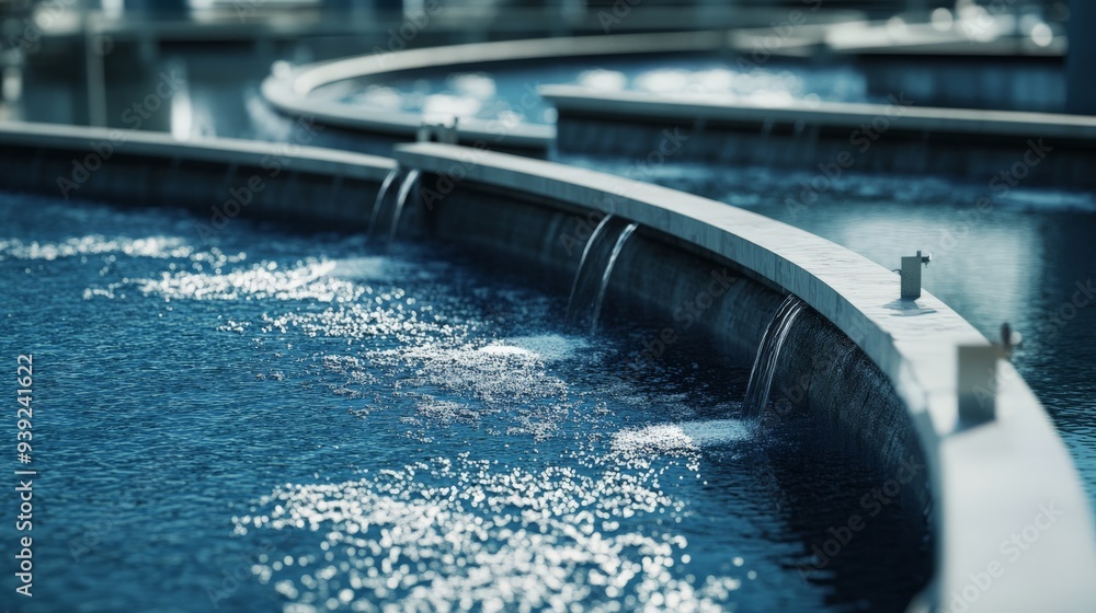 Modern water treatment facility with circular filtration tanks and ...