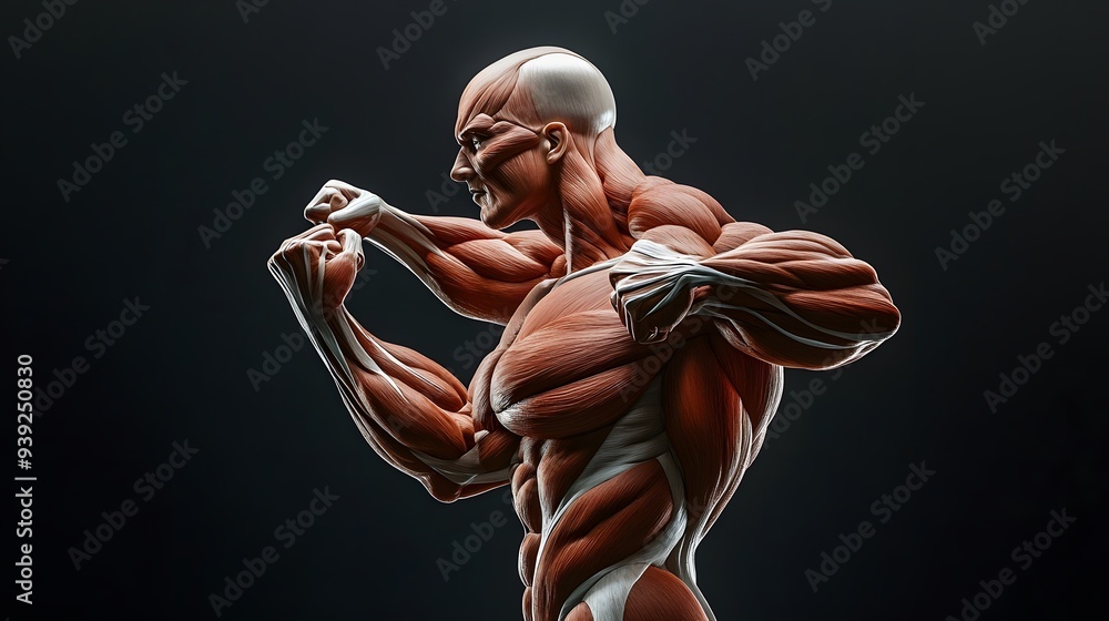 Muscular System in a Flexed Pose: A strong, flexed pose showcasing the ...