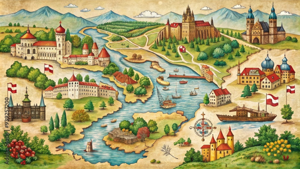 Vintage-style illustrated map of Czechia, featuring iconic landmarks ...