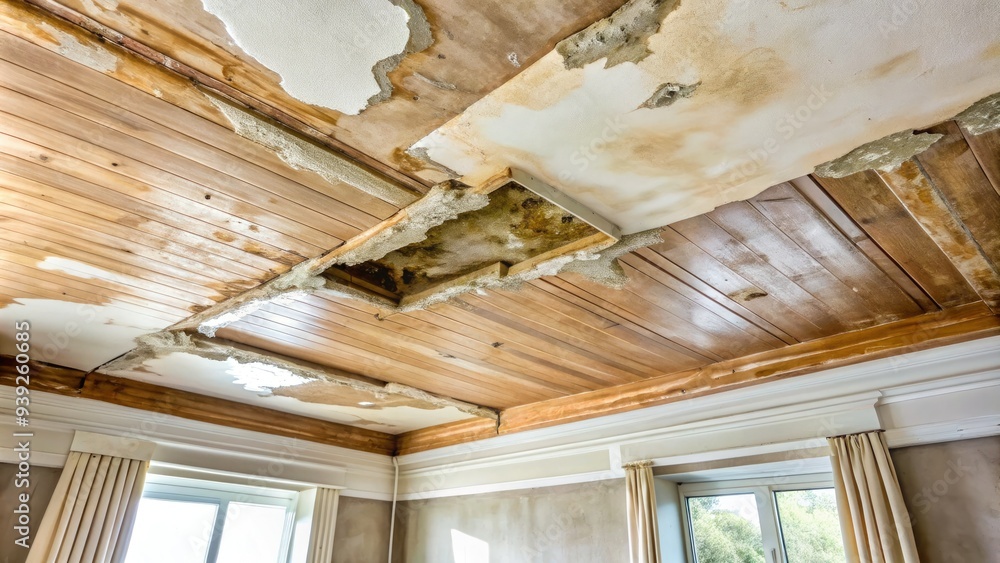 Water-stained ceiling with visible mold growth and peeling paint ...