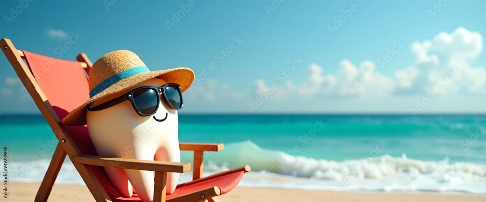 Smiling tooth with sunglasses relaxing on beach chair against tropical ...