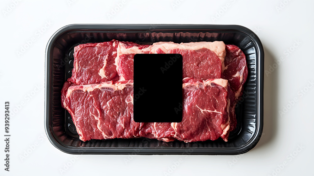 blank plastic beef tray with a textured black label and distressed ...
