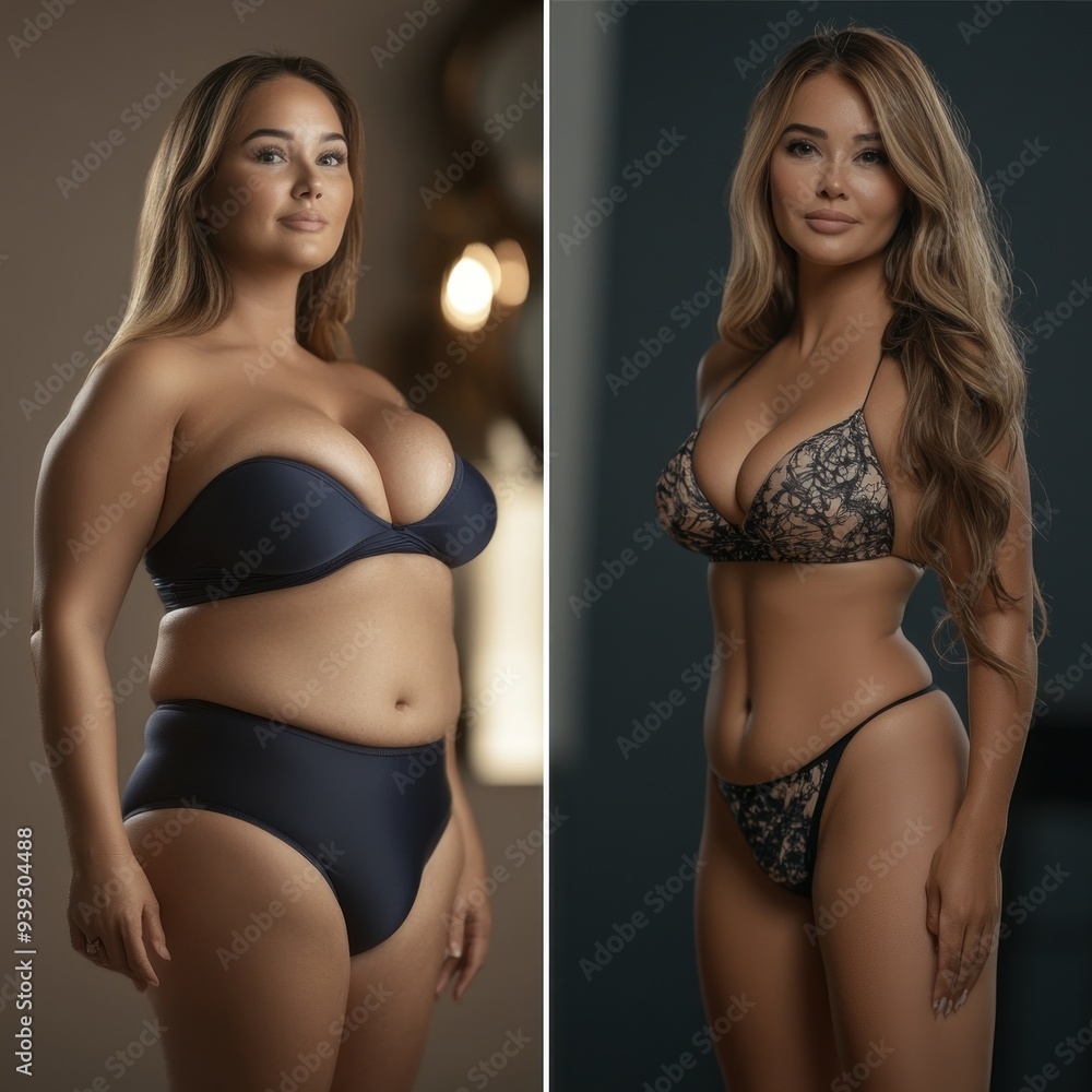 Transformational journey: A side-by-side comparison showing dramatic weight loss of obese woman ...