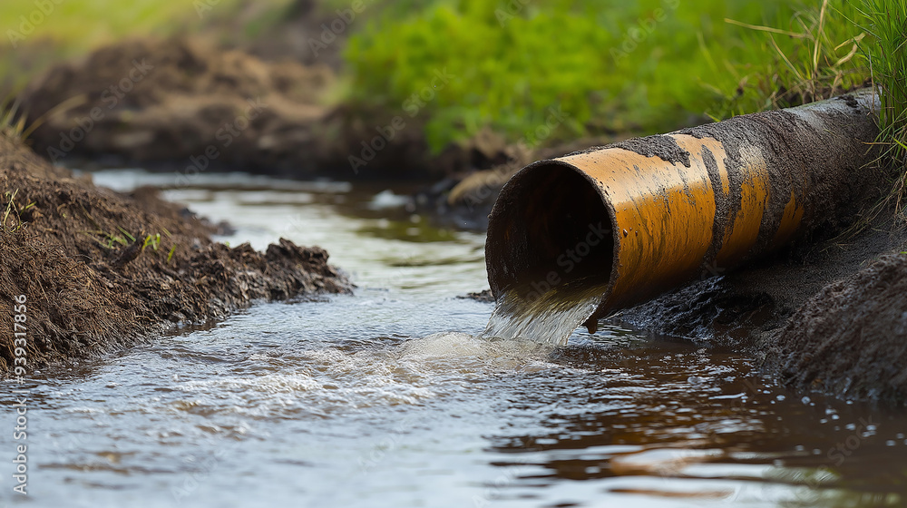 Dirty Water Flowing from Pipe into Stream. Disposal of industrial waste ...