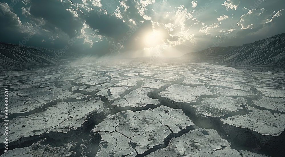 Doomsday scene, post-apocalyptic, barren land, cracked ground ...