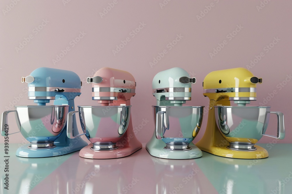 Cute cartoon style stand mixers, different designs, 3D render, created ...