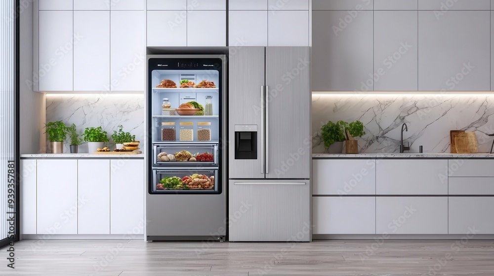 Smart refrigerator with AI food management, holographic display showing ...