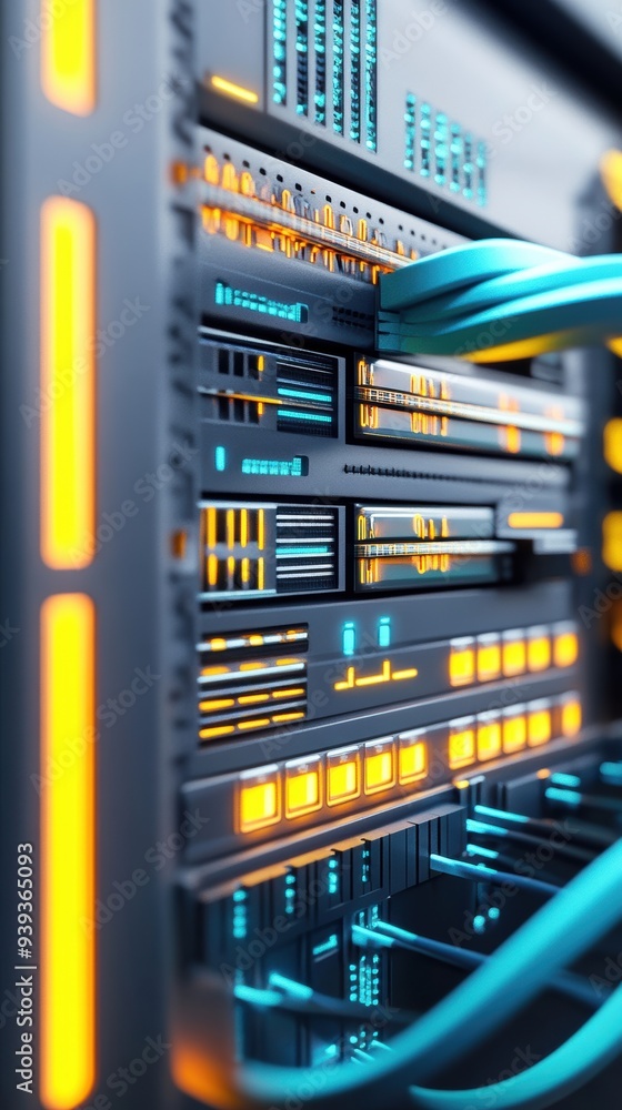 Configuration of network server with cables connected and glowing LED ...