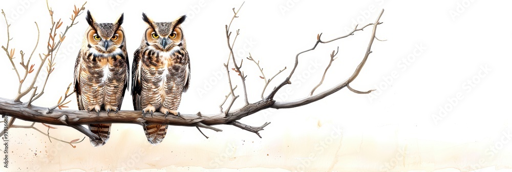 Two great horned owls perched on a bare tree branch with a white ...