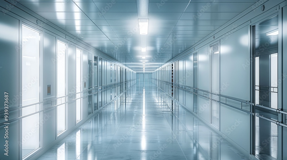 An empty prison corridor with light-gray walls and a large glass wall ...