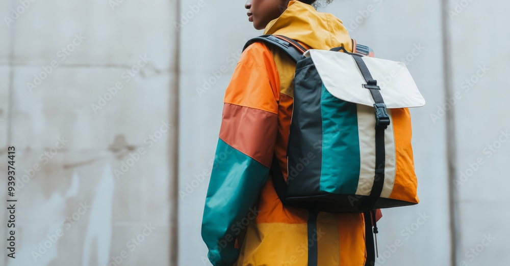Create a stylish graphic of an eco-friendly backpack made from recycled ...