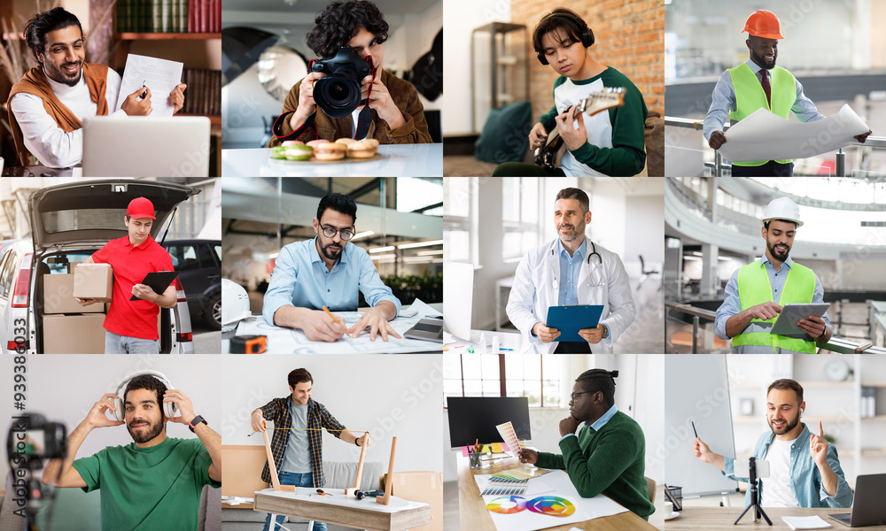 This image features a diverse group of professionals working in various ...
