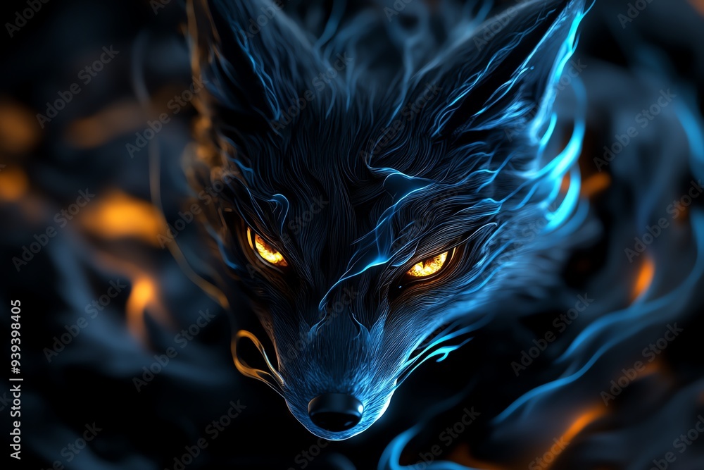 A dark and mysterious image of the nine-tailed fox emerging from the ...