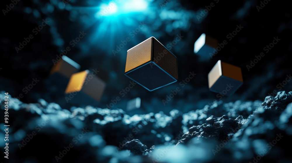 Cubes floating in an abstract sci-fi environment, with beams of light ...