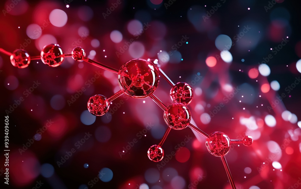 A vibrant close-up of red molecules on a dark background, illustrating ...