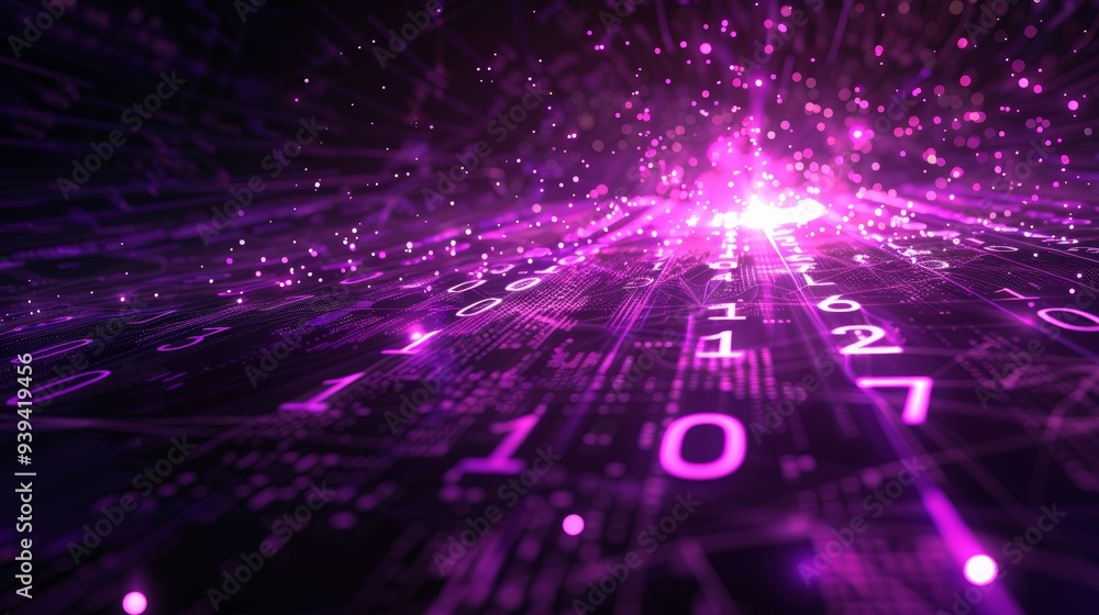 This image represents a digital matrix of binary code in purple hues ...
