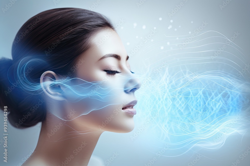 Hearing loss concept, pretty woman and sound waves on light blue ...