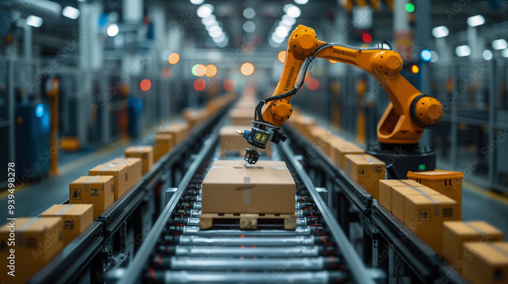 Innovative industry robot working in warehouse. Automated robot arm ...