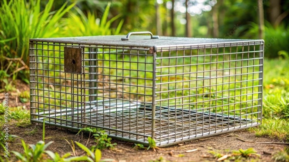 Stock photo of a metal box trap for capturing animals in the wild, trap ...