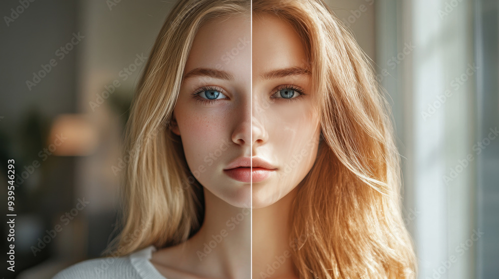 A young woman’s face is displayed in a split format, showcasing ...