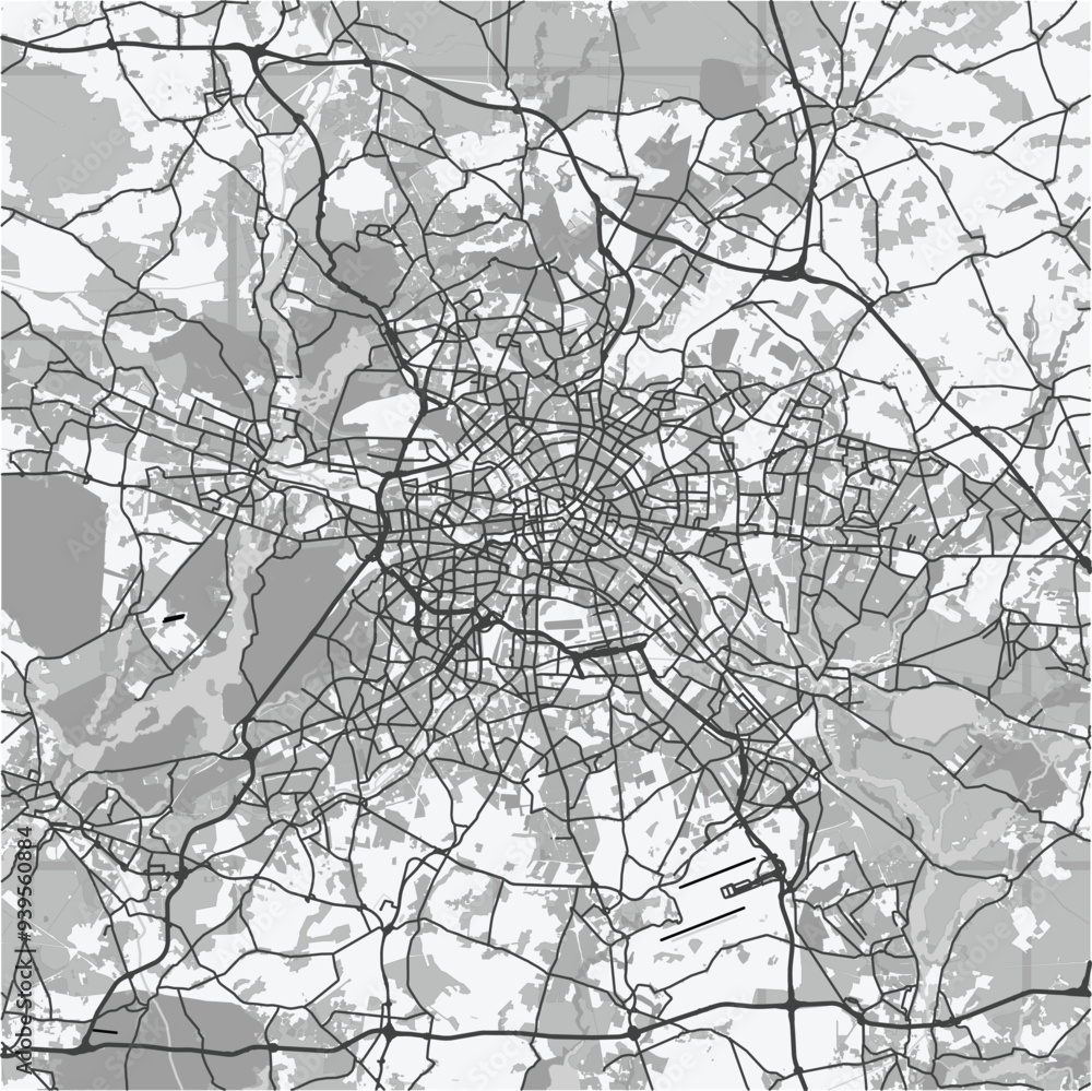 Map of Berlin in Germany in grayscale. Contains layered vector with roads water, parks, etc ...