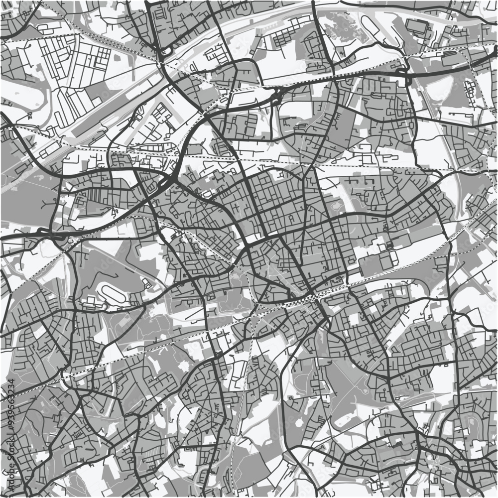 Map of Gelsenkirchen in Germany in grayscale. Contains layered vector with roads water, parks ...