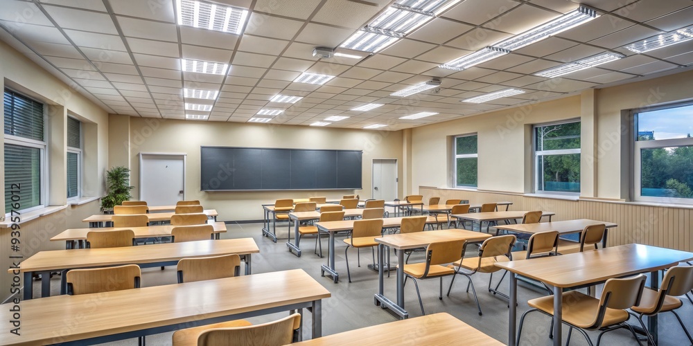 Empty Classroom Desks with Light Ceiling, Wide Angle, Interior Design ...